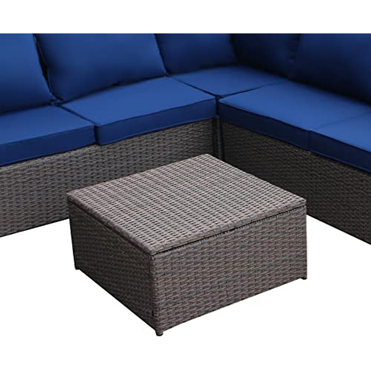 Outdoor Patio Furniture Set with Ottoman Square Coffee Table 4 Piece Patio Sectional Sofa Couch, Modern Brown Rattan Wicker with Seat Cushions - Navy Blue - Oliver & Smith - Sunny