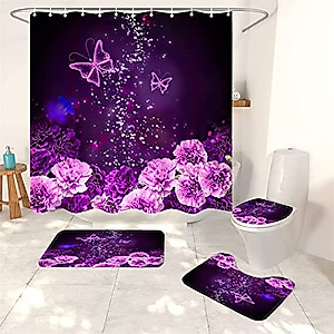 4PCS Flower Bathroom Shower Curtain Sets, Stylish Flower Bathroom Sets with Shower Curtain and Rugs, Toilet Lid Cover and Bath Mat, Artistic Shower Curtains with Hooks