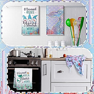 4 Pcs Mermaid Summer Hand Towels Gnome Kitchen Towels Housewarming Towels Set 16 x 24 Inch Absorbent Drying Dish Cloths Tea Towel Housewarming Gifts Decorations for Home Bathroom Drying Dishes