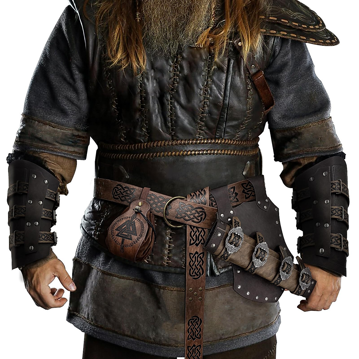 HiiFeuer Medieval Sword Frog with Embossed O Ring Belt and Portable Pouch, Retro Renaissance Faux Leather Costume Ren Faire Costume for LARP