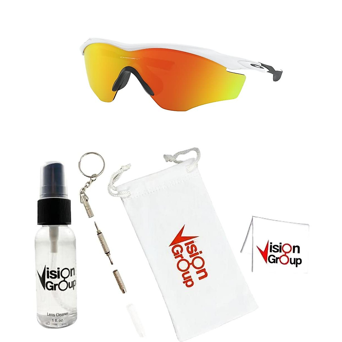 Oakley OO9343 M2 Frame XL Sunglasses + Vision Group Accessories Bundle (Polished White/Fire Iridium (934305))