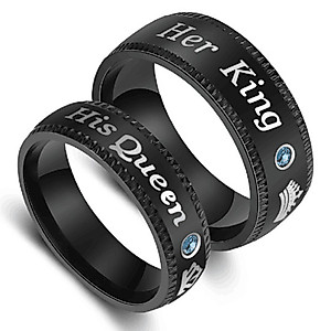 6mm Black Stainless Steel His Queen Womens Wedding Band Promise Engagement Proposal Ring with Blue Cubic Zirconia (Her Size 9)