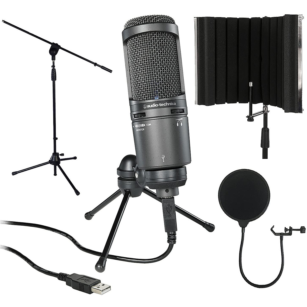 Audio-Technica AT2020USB+ Cardioid Condenser USB Microphone Kit with Isolation Shield and Pop Filter - Compatible with PC, Mac and Windows