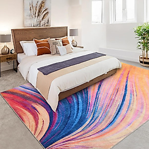 GarveeHome 9x12 Area Rug Large Washable Abstract Brush Stroke Rug Soft Low Pile Non Skid Non Shedding Floor Carpet Rugs Multiple Colors Modern Floor Cover for Bedroom Living Room, Blue/Pink
