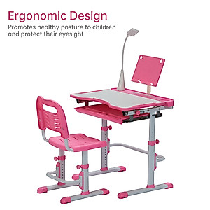 Real Relax Kids Desk and Chair Set, Height Adjustable Children's School Study Writing Tables with Tilt Desktop, LED Light, Storage Drawer, Metal Hook, Book Stand, Pink