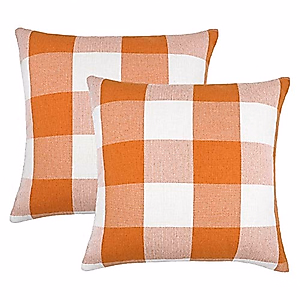 4TH Emotion Set of 2 Farmhouse Buffalo Check Plaid Throw Pillow Covers Cushion Case Polyester Linen for Fall Home Decor Orange and White, 18 x 18 Inches