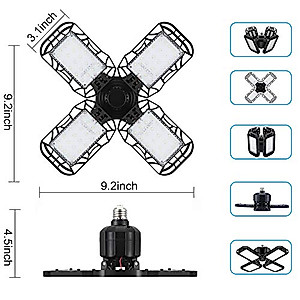 1LED Garage Lights 2 Pack/60W/6500k/4 Panels, Porcelain Base, 4 Adjustable Panels, 12000LM High Lumen Output Super Bright LED Bulb, E26/E27 Compatible