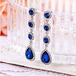 BriLove Wedding Bridal Dangle Earrings for Women Elegant Crystal Teardrop Chandelier Earrings Navy Blue Sapphire Color Silver-Tone
