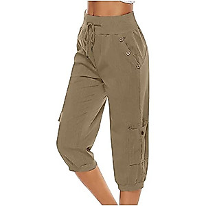 Online Shopping for Women Capri Pants for Women Summer Casual Drawstring Lounge Linen Pants with Pockets Plus Size High Waist Straight Trousers Tracking On My Order Khaki M