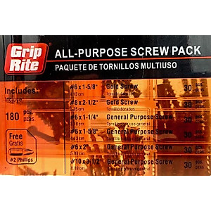 Grip Rite Prime Guard MPCDWS All Purpose Assorted Screw Pack with Free Number-2 Phillips Bit, 180-Piece