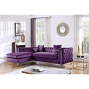 Iconic Home Da Vinci Velvet Modern Contemporary Button Tufted with Silver Nailhead Trim Silvertone Metal Y-Leg Right Facing Sectional Sofa, Purple