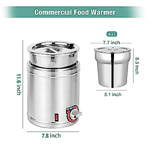 Restlrious Commercial Bain Marie Buffet Soup Warmer, Stainless Steel Round Food Warmer, 4 QT Electric Adjustable Temp Pot with Ladle Notch, Soup Station for Restaurant, Buffet, Parties, 110V/1000W