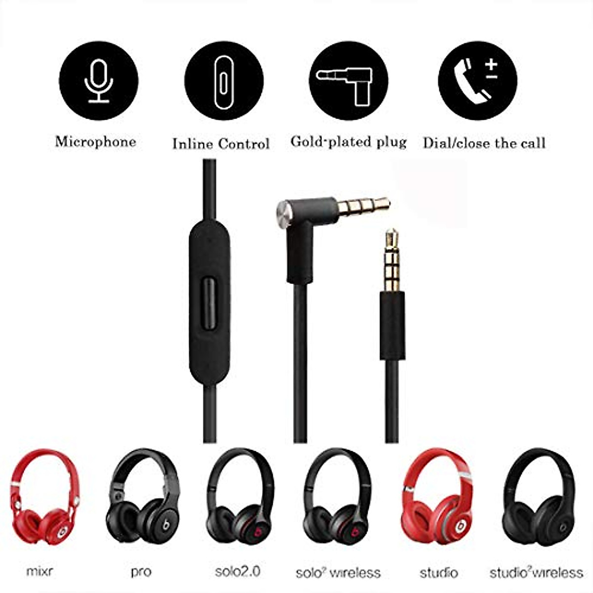 Beats Headphones Cord Beats Cord Replacement Aux Cord with Inline Mic and Volume Control for Beats by Dr Dre Headphones Solo/Studio/Pro/Detox/Wireless/Mixr/Executive/Pill (Black+Storage Case)