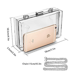 WJCD Women Clear Purse Acrylic Box Clutch Handbag, Small Transparent Crossbody Evening Bag Stadium Approved Gold Chain Strap (Silver)
