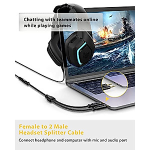 SOLMIMI Headset Splitter Cable for PC 3.5mm Crystal-Nylon Braid 3.5mm Female to Dual 3.5mm TRS Male Headphone Mic Audio Y Splitter Cable CTIA Gaming Headset to PC Adapter - Matte Black 0.3M