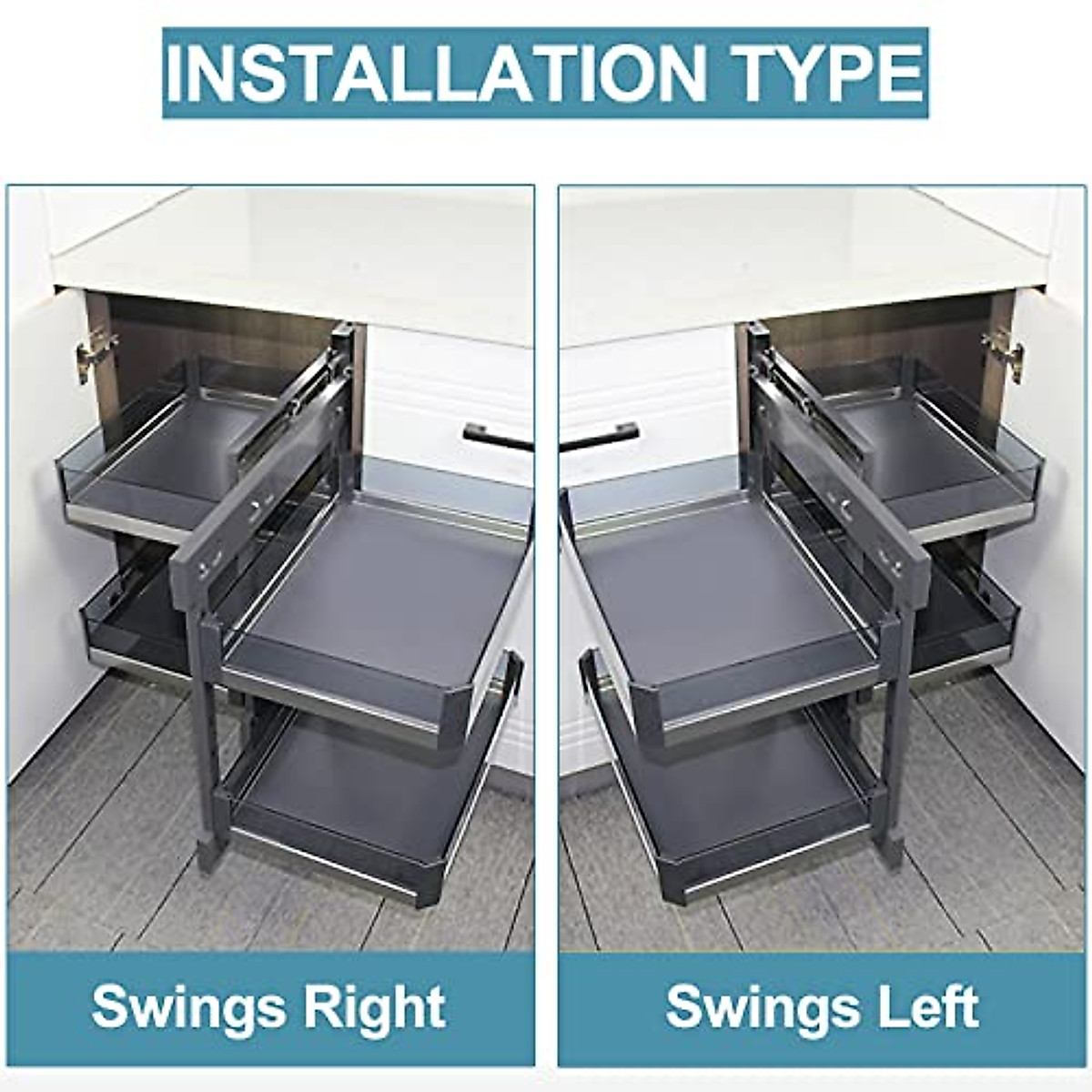 FYFUSATC Blind Corner Cabinet Pull Out Organizer, Corner Kitchen Cabinet Pull Out Storage Rack Shelf 4 Aluminium Basket Corner Optimizer Pull Out Completely, Left Or Right Handed Open