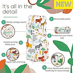 Bloomsbury Mill - Safari Adventure - Jungle Animals - Super Soft Toddler Nap Mat - includes Pillow, Mat and Blanket - Ideal Gift & Sleep Bag for Kindergarten and Pre-School - 20" x 53"