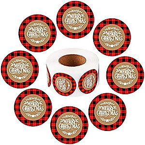 Ruisita 600 Pieces Merry Christmas Stickers Buffalo Plaid Self Adhesive Seals Labels Holiday Seals Stickers for Christmas Favor Gift Cards Envelopes Seals