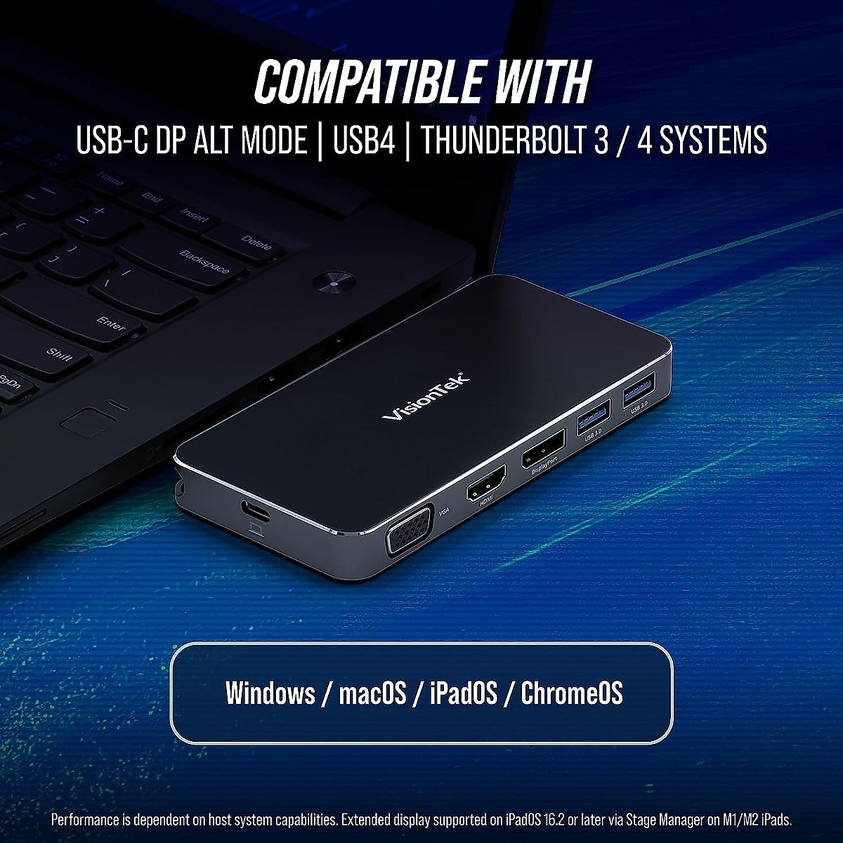 VisionTek VT210 Portable USB-C Dual Monitor Hub - 1x DP, 1x HDMI, 1x VGA, 2X USB-A Ports, 1x USB-C for Windows/MacOS/ChromeOS/iOS