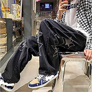 Y2K Baggy Jeans Mens Straight Wide Leg Vintage Denim Pants Black Hip Hop Patchwork Trousers