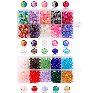 QUEFE 400pcs 8mm Glass Beads for Jewelry Making Bracelets Including 200pcs Faceted Crystal Glass Beads and 200pcs Crackle Lampwork Glass Round Beads Assorted Colors(2 Box)
