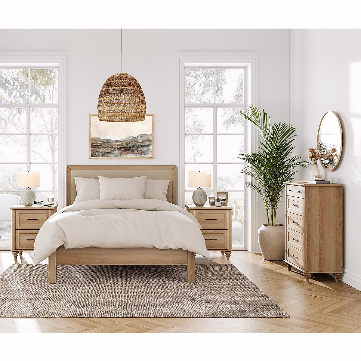 WAMPAT 3 Piece Dresser and Nightstand Sets, Farmhouse Dresser & Chest of Drawers with 5 Drawers & Metal Handle, Set of 2 Nightstands End Table with Charging Staion, 3 Piece Bedroom Set, Oak