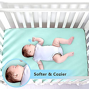 TILLYOU 2 Pack Mini Crib Fitted Sheets, Stretchy Soft Jersey Knit Portable Mini Pack n Play Playard, Playpen Bedding Sheet for Baby, Light Green & Light Gray