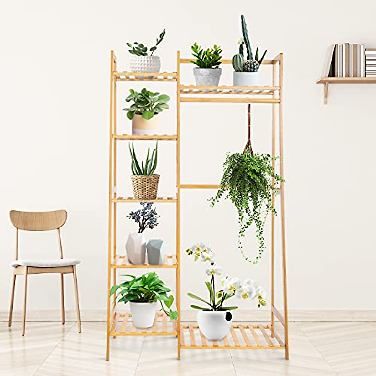 Jotsport Bamboo Clothes Rack with 7 Tier Storage Shelves Clothing Hanging Stand for Small Spaces Children's Wardrobe Closet, Multifunctional Plant Stand
