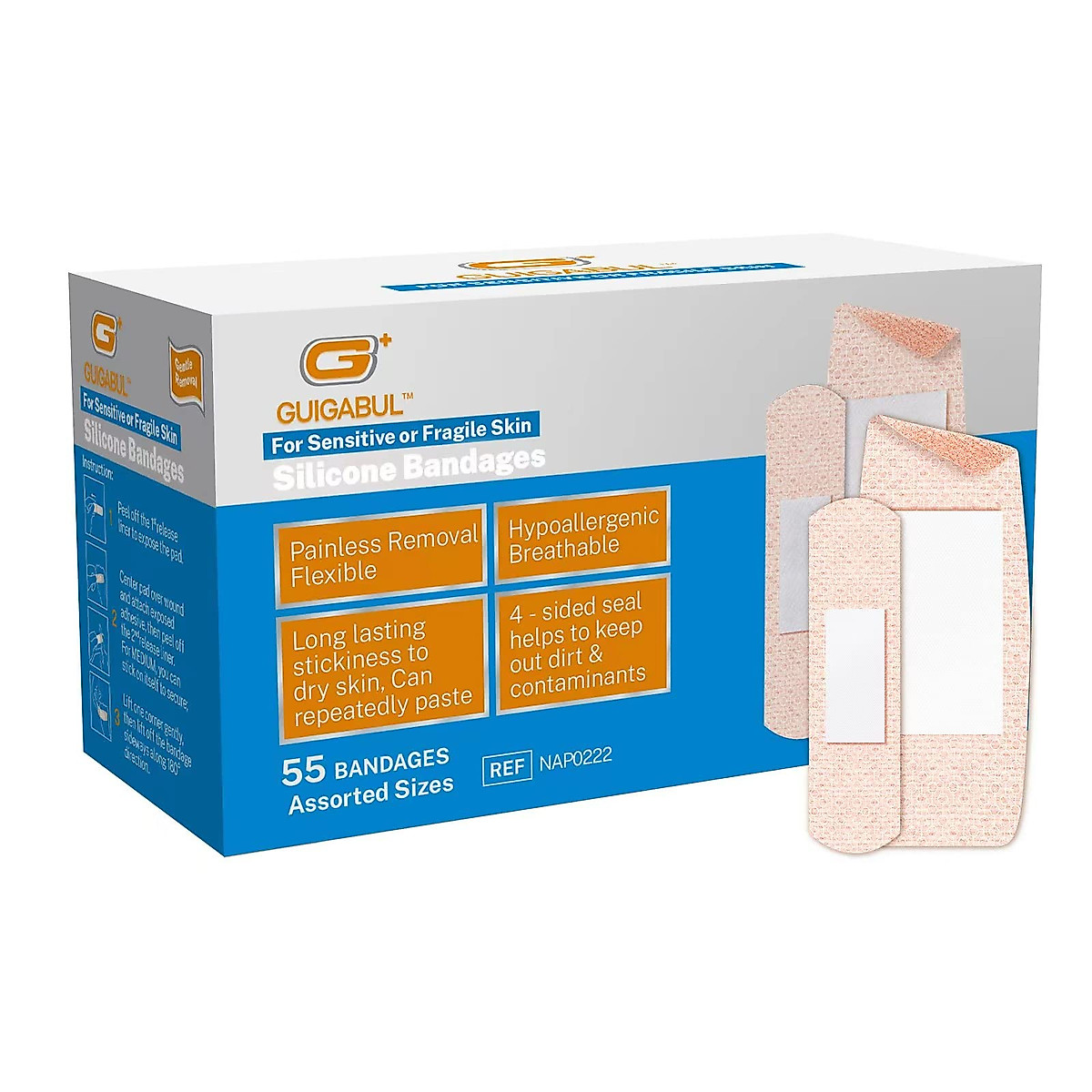 Painless Removal Silicone Bandages for Elderly Sensitive Skin - 40 Counts 0.75''x3'' Medium and 15 Counts 1.63''x4'' Extra Large Bandages by G+ GUIGABUL - Hypoallergenic - Latex Free