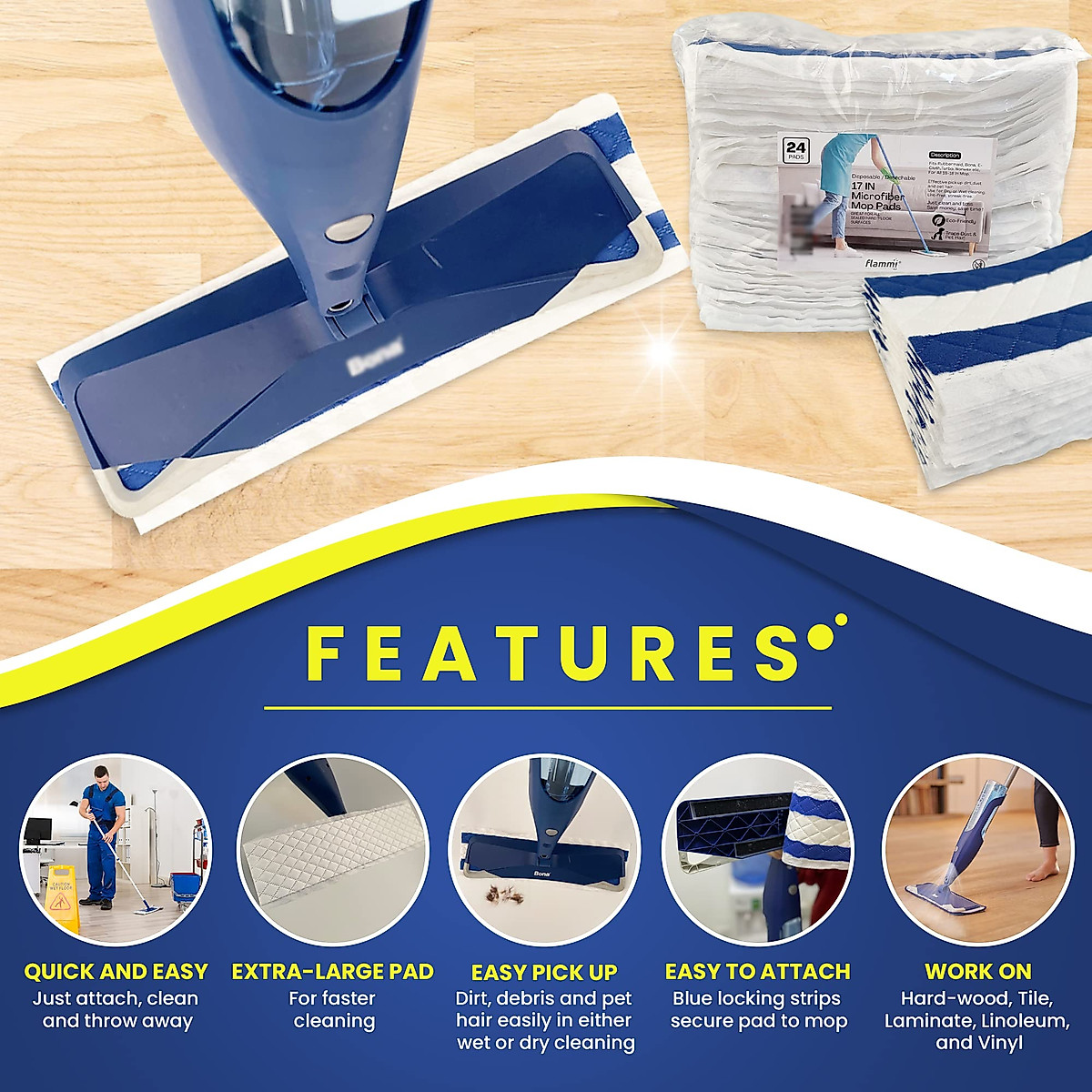 18 Inch Microfiber Disposable Mop Pad 24 Pack for All 16-18'' Hook & Loop System Mop, Wet Dry Cleaning Pad Compatible with Bona,Rubbermaid,Turbo,Norwex (18 in, 24 Pack)