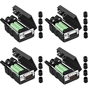 Jienk 4Packs VGA DB15 3 Row Solderless Male/Female Quick Connector, 3+9 D-SUB 15 Pin Port Terminal Solderfree Breakout Connector Board with Case Accessories Long Bolts