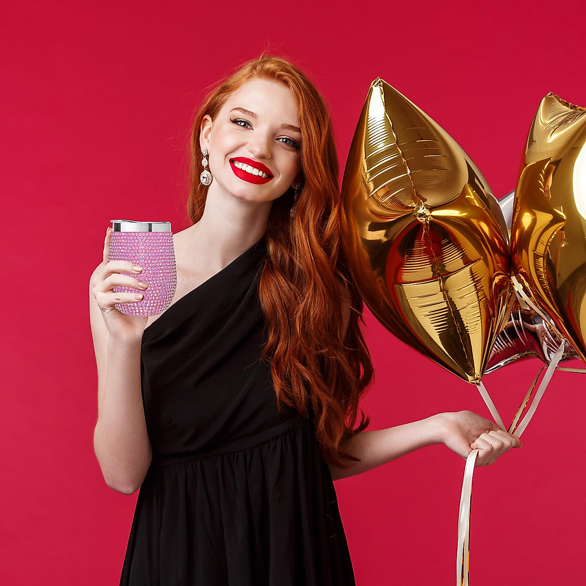 HappiGifts Sparkle Tumbler Collection, Glitter Bling Diamond Rhinestone Wine Tumbler, Stainless Steel Insulated Cup with Lid (Pink)