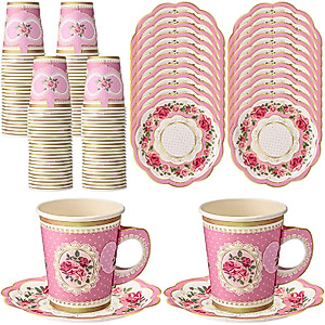 Tioncy 100 Pcs Tea Party Decorations Include 50 Pieces 9 oz Floral Paper Tea Cups with Handle and 50 Plates Disposable Blossom Teacups and Saucers Sets for Girls Birthday (Floral)