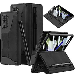 DEMCERT for Samsung Galaxy Z Fold 5 with [Fold4 Edition Pen Slot],Military Armor Full Body Protective Anti-Scratch Hard Leather Bracket Case with Screen Protector Wireless Charger (Black)