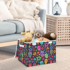 MFTJYO Sugar Skull Day Of Dead Storage Bin with Lid Foldable Storage Box Washable Fabric Storage Cubes Bin Organizer Basket Closet for Home Bedroom Closet Nursery Office
