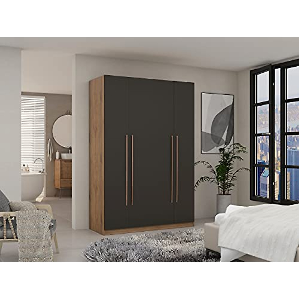 Manhattan Comfort Gramercy Mid Century Modern 2-Section Freestanding Wardrobe Armoire Closet, Nature and Textured Grey