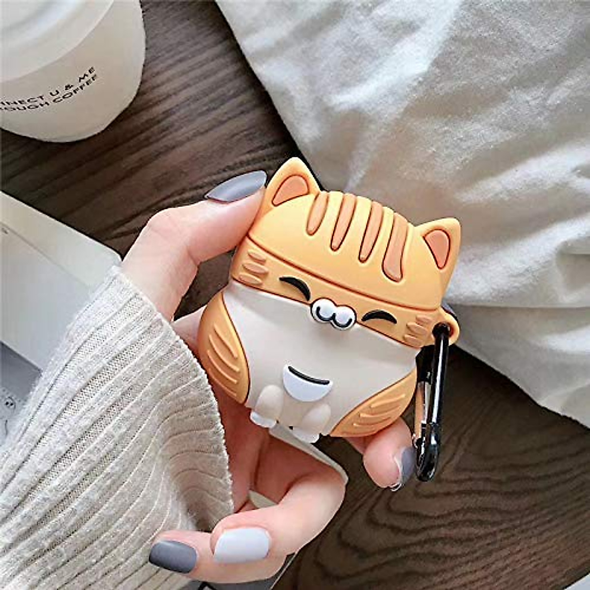 LUCKESSA Cute Kawaii Squatting Smiling Happy Sleeping Cat Earphone Case for AirPods Pro, Sitting Kitty Soft Rubber Silicone Strong Protection Wireless Charging Earbud Cover Protective Skin -Yellow