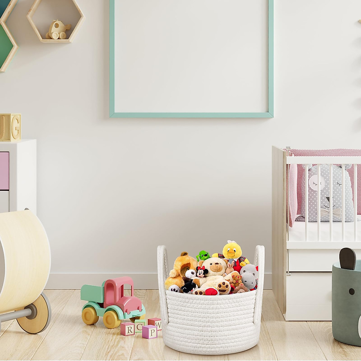 FillTouch 3 Pack Small Cotton Rope Storage Basket Baby Woven Nursery Baskets with Handles Cute Soft Laundry Baskets Organizer for Gifts Empty Room Shelf Storage Basket All 9.5 x 9.5 x 5.5, White