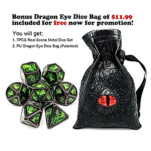 Haxtec Metal Dice Set D&D Acid Splash Real Scene Black Green Polyhedral DND Dice W/PU Leather Dragon Eye Dice Bag for TTRPG Dungeons and Dragons Gifts