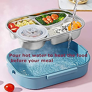 Raviga Stainless Steel Lunch Box 4 Compartments Portable Bento Box for Kids Student or Adult Food Storage Containers with Lids Airtight Soup Bowl & Tableware Large Capacity 50-oz(Blue)