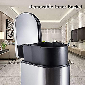 CTETC Slim Small Trash Can with Lid Soft Close and Removable Inner Wastebasket, Rectangular Narrow Stainless Steel Garbage Can for Bathroom Bedroom, Anti-Fingerprint Brushed Finish, 2.6Gal/10L, Silver