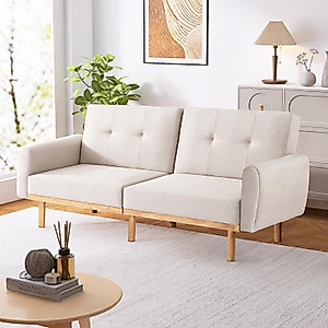 Hcore Convertible Futon Bed Couch, 79" Inch Linen Fabric Memory Foam Mid Century Modern Sleeper Armrest, Small Splitback Loveseat Sofa Cama Sofabed, Beige