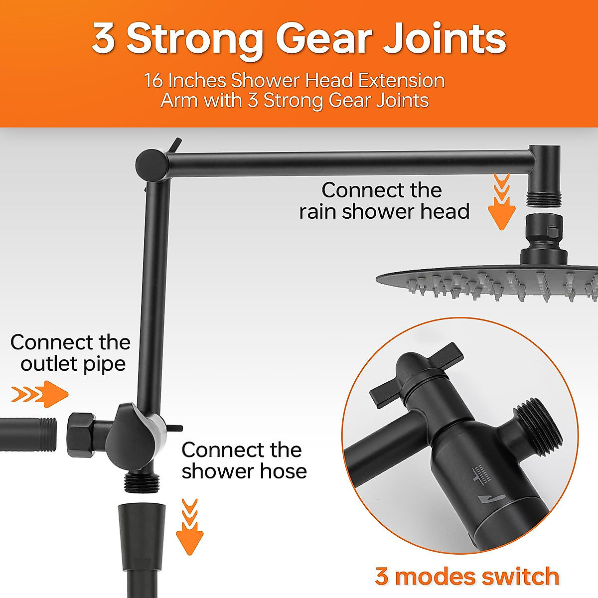 Matework 16 Inch Adjustable Shower Extension Arm with Diverter, G1/2 Universal Thread Rain Shower Head Extension Arm, Shower Extender with Lock Joints, Matte Black Flexible Height & Angle