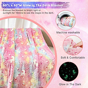 Runeaoys Unicorn Toys for Girls Age 4-6 6-8, Girl Christmas Birthday Thanksgiving Gifts Box for 3 4 5 6 7 8 9 10 Year Old with Unicorn Glow in The Dark Blanket Water Bottle Kairclip Bag