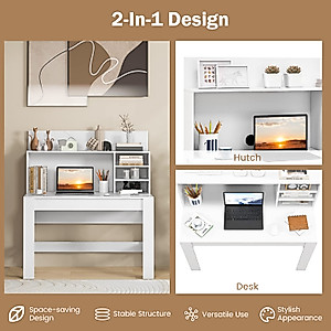 Tangkula White Desk with Hutch, Home Office Desk with Bookshelf, Writing Study Desk with Anti-Toppling Device & Cable Hole, Modern Computer Workstation PC Laptop Desk for Small Space, Bedroom