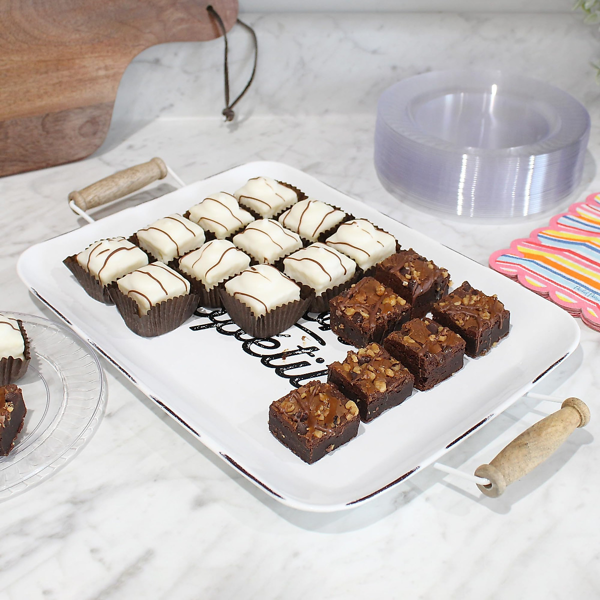 AuldHome Enamelware Bon Appetit Tray (White); Distressed Farmhouse Style Metal Decorative Serving Platter