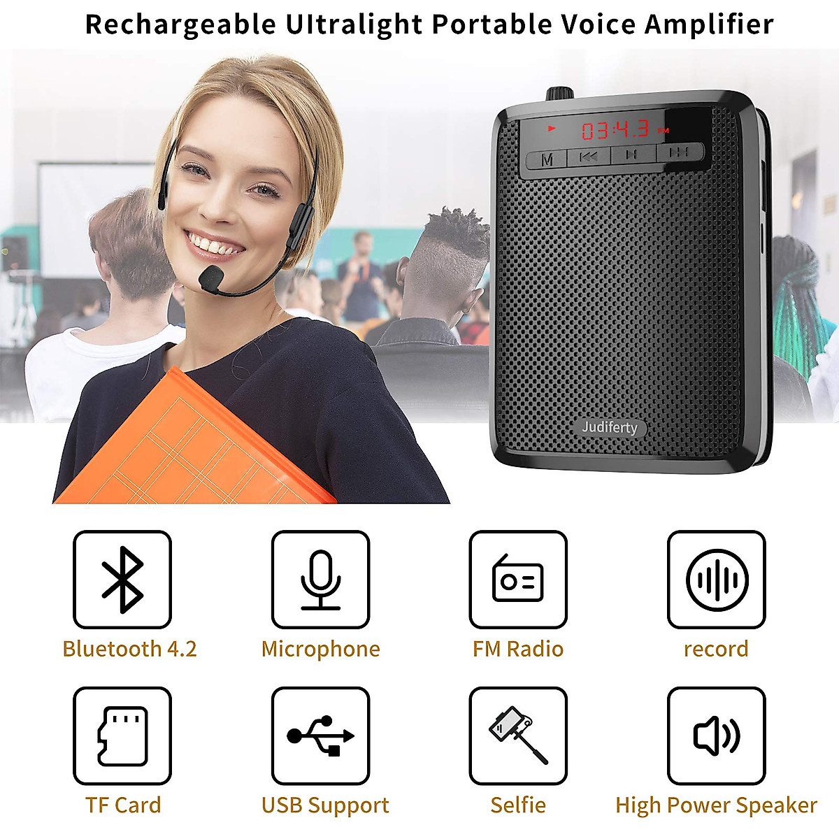 Voice Amplifier, Portable Microphone Speaker, Teacher Classroom Microphone, Bluetooth Headset Microphone Amplifier for Meeting Tour Guides