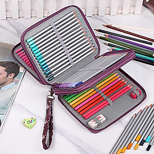 BTSKY Zippered Pencil Case-Canvas 72 Slots Handy Pencil Holders with Printing Pattern for Prismacolor Watercolor Pencils, Crayola Colored Pencils, Marco Pencils Purple Stars
