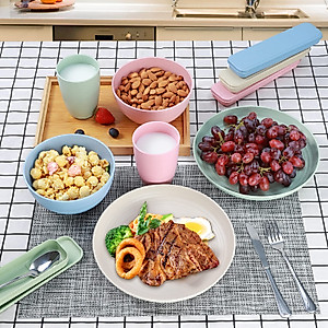28PCS Kitchen Wheat Streaw Dinnerware Sets for 4, Wheat Straw Plates and Bowls Sets, College Dorm Dinnerware Dishes Set for 4 with Cutlery Set