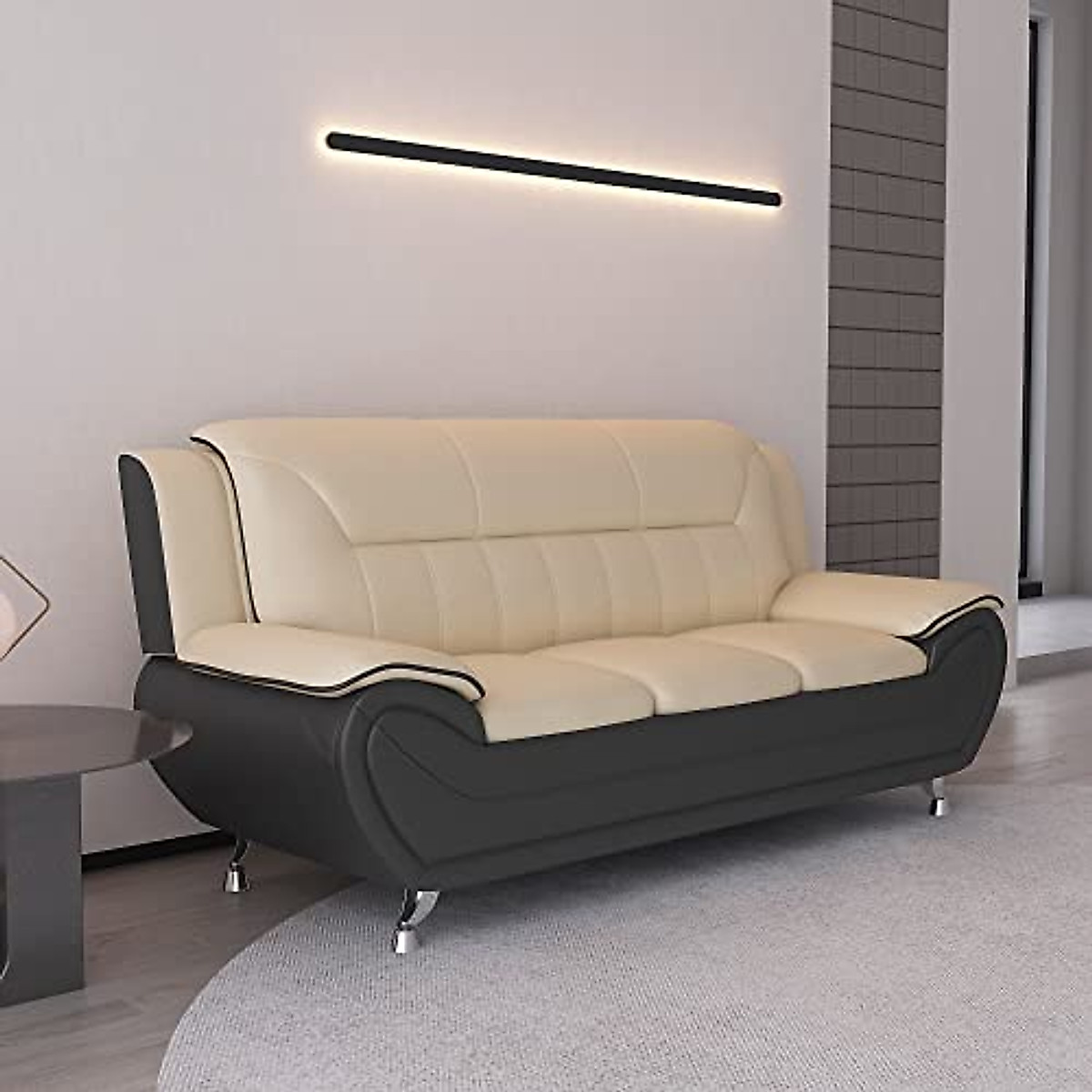 Container Furniture Direct Michael Modern Faux Leather Upholstered Stainless Steel Legs Living Room, Sofa, Loveseat, Black Camel